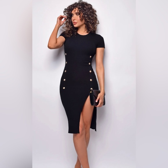 Emprada | Dresses | Black Button Detail Ribbed Slit Midi Dress Brand ...